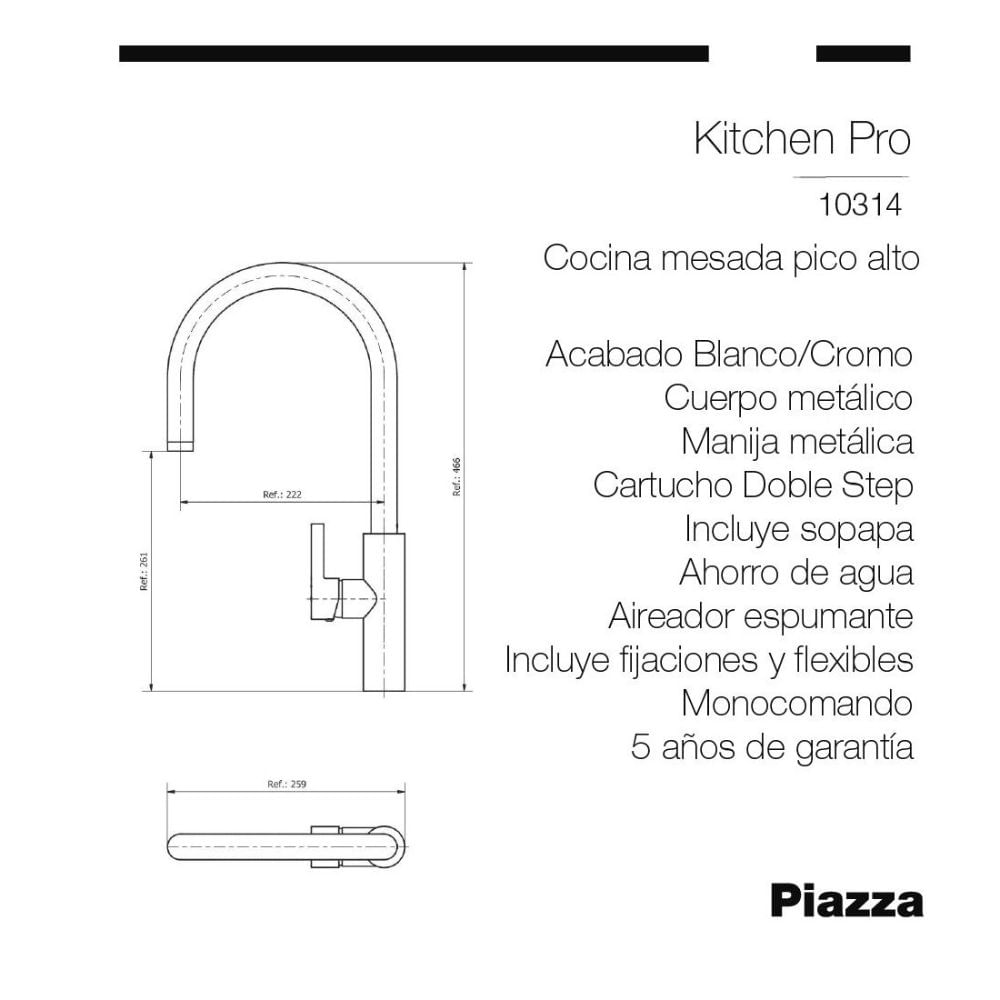 Grifería de Cocina Piazza Kitchen Pro Monocomando Pico Alto Cromo - Unimax